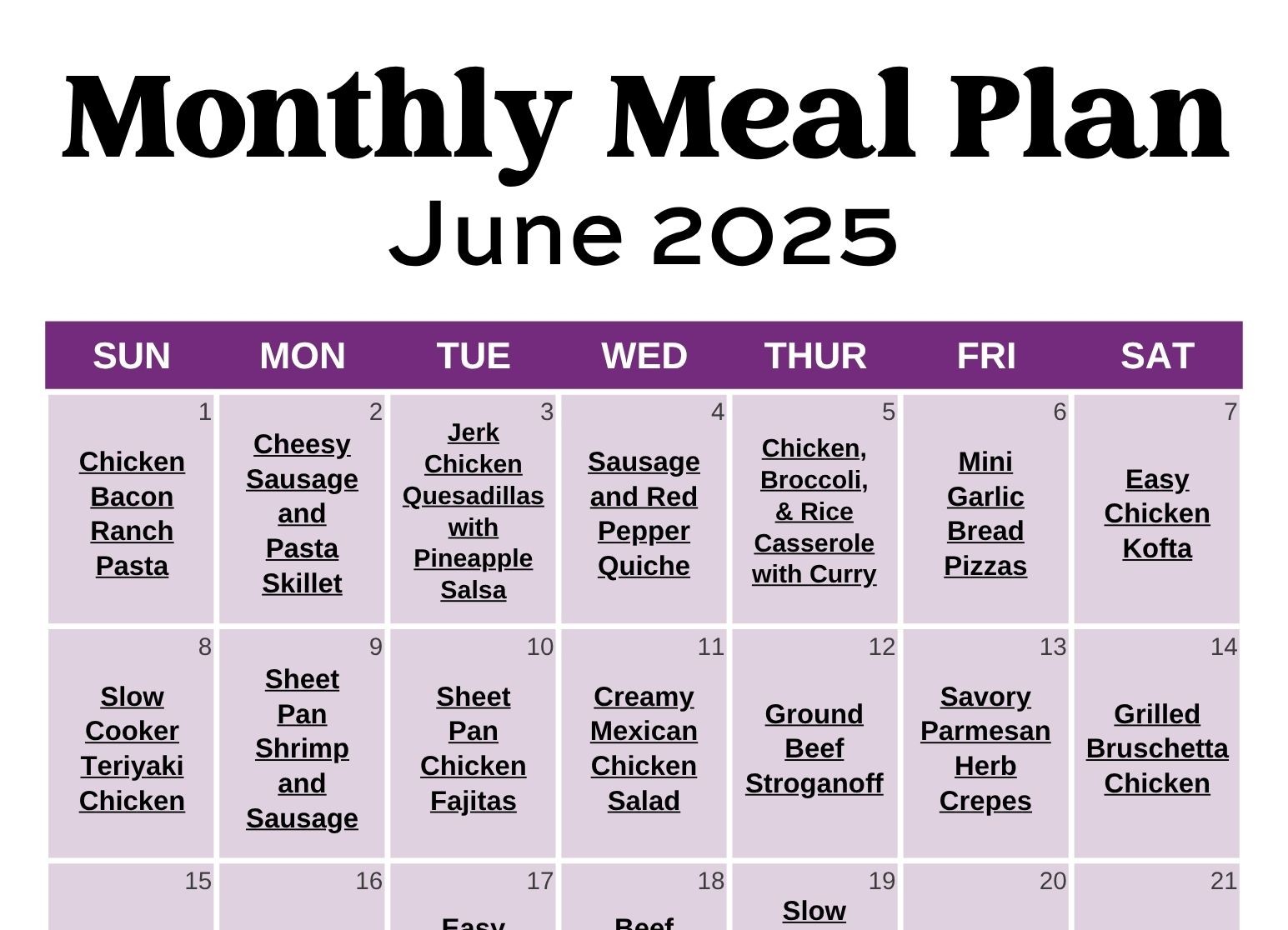 Dinner Meal Plan for the Month (June 2025) - Saving Talents
