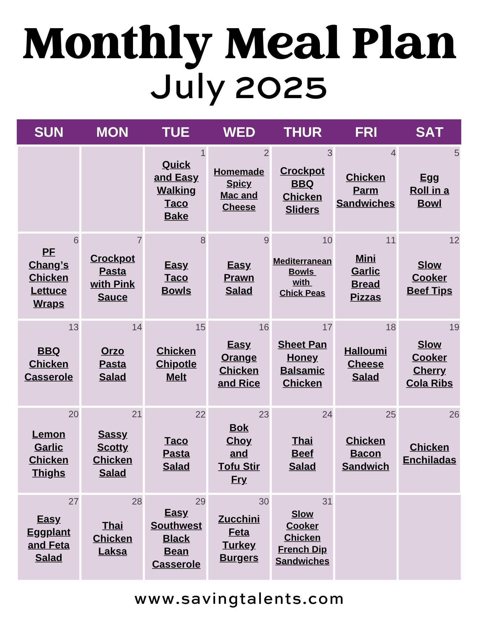 Dinner Meal Plan for the Month (July 2025) - Saving Talents